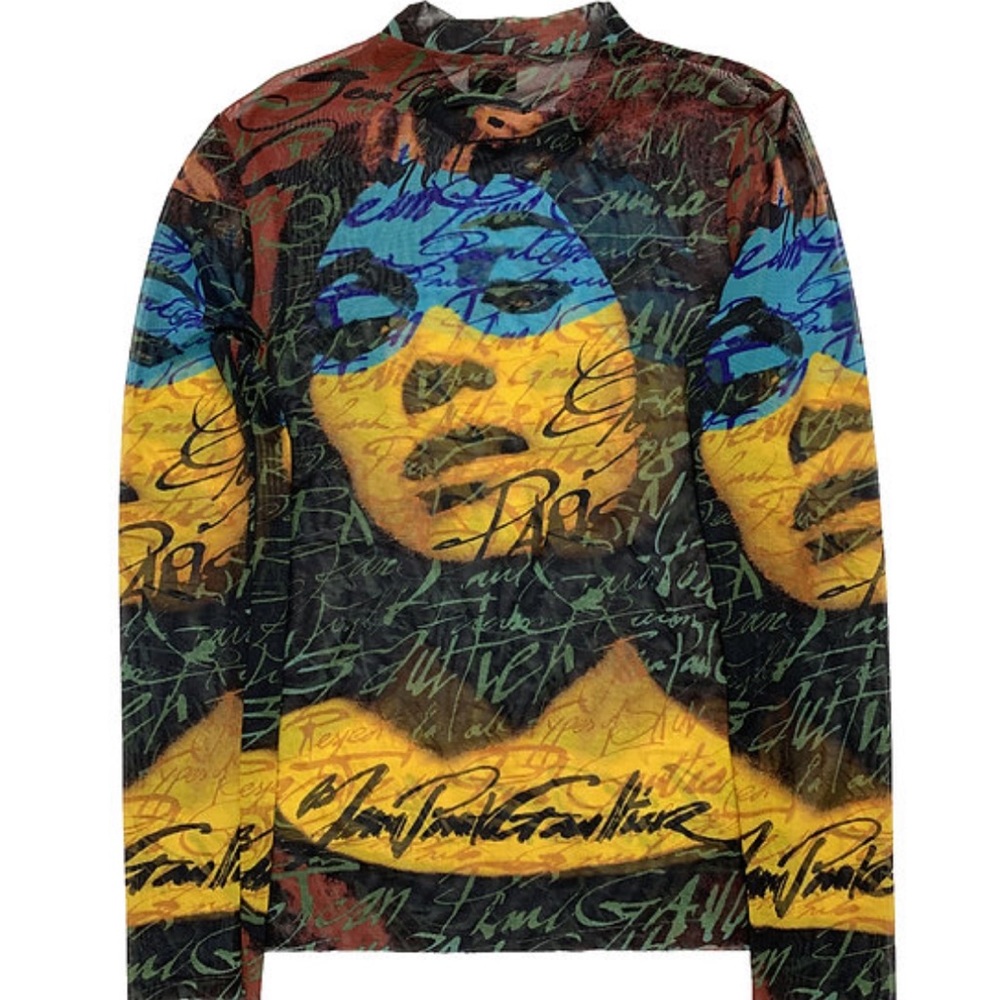 Jean Paul Gaultier 90s Vintage Mesh Script Face Top - Gem